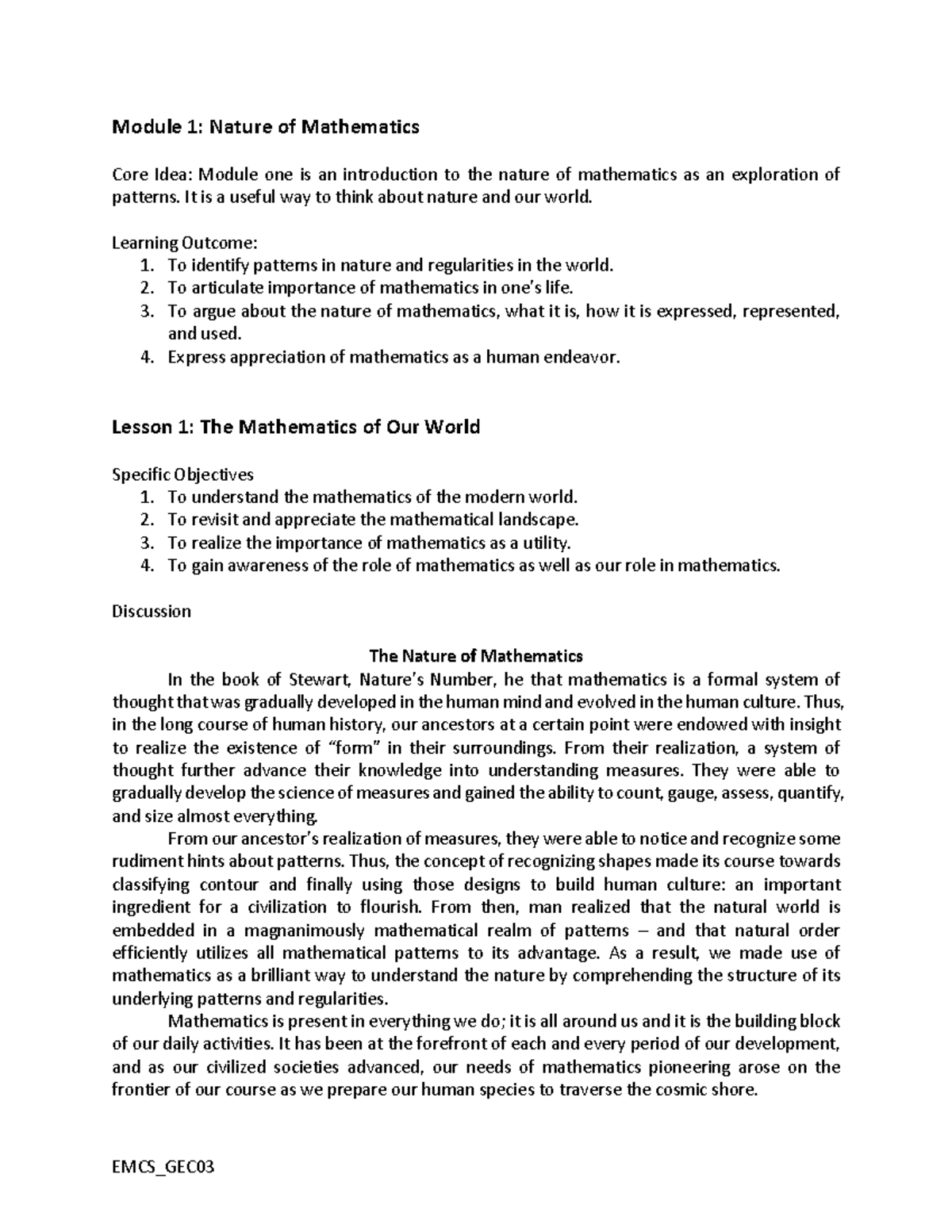 Module 1: Nature of Mathematics | Lesson 1: The Mathematics of Our ...