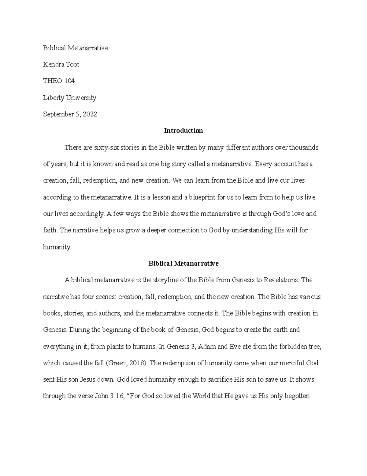 Essay Biblical Metanarrative - THEO 104 - Biblical Metanarrative Kendra ...