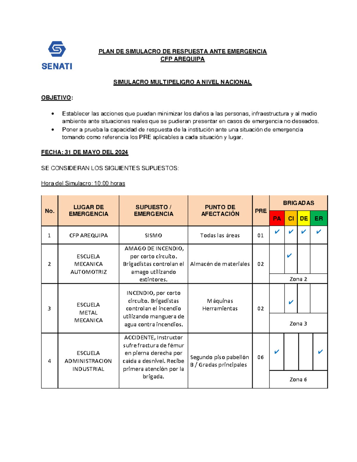 1PLAN DE Simulacro DE Sismo 31 de mayo 2024 CFP Arequipa - PLAN DE SIMULACRO DE RESPUESTA ANTE ...