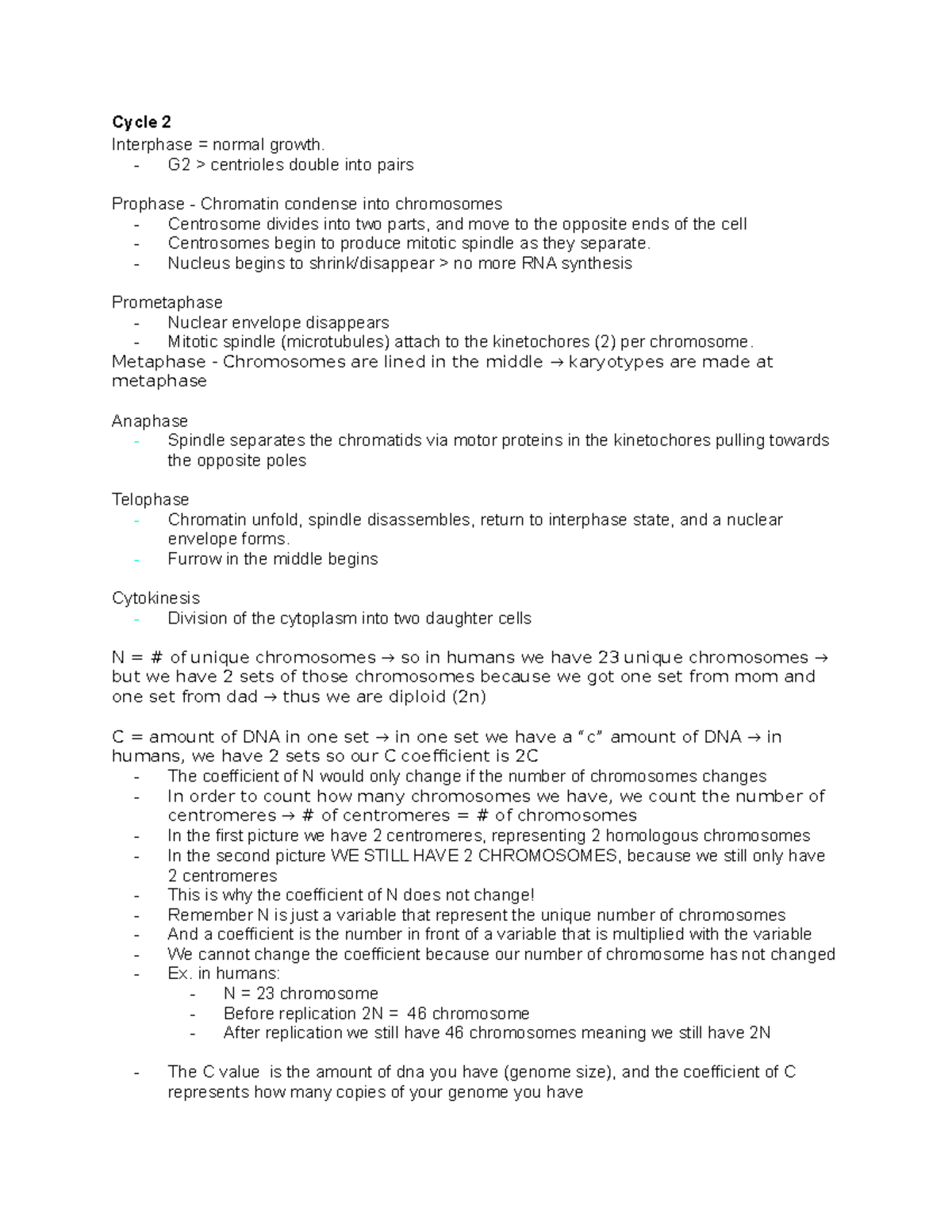 Bio review - Course summary - Cycle 2 Interphase = normal growth. - G2 ...