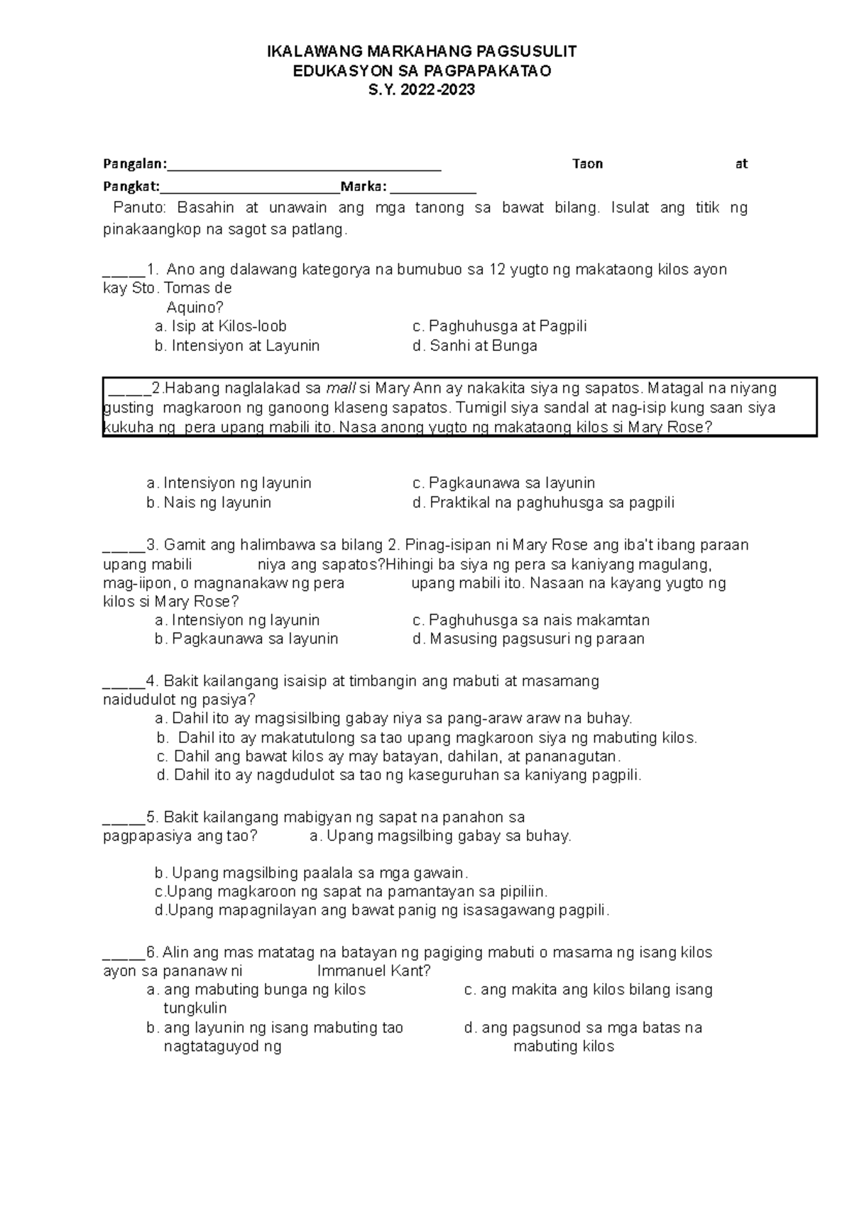 2nd quarter EXAM-ESP - exam - Pangalan ...