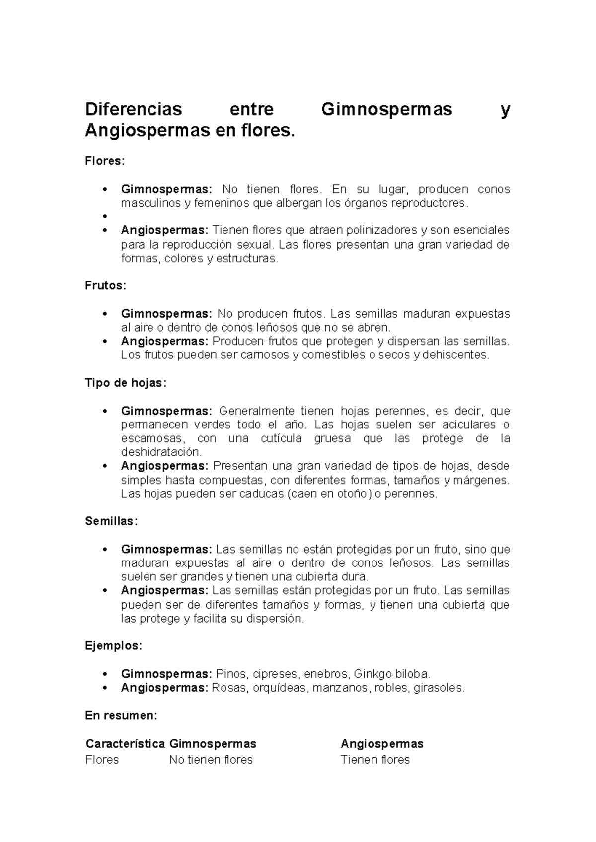 Diferencias entre Gimnospermas y Angiospermas en flores - Flores: Gimnospermas: No tienen flores ...