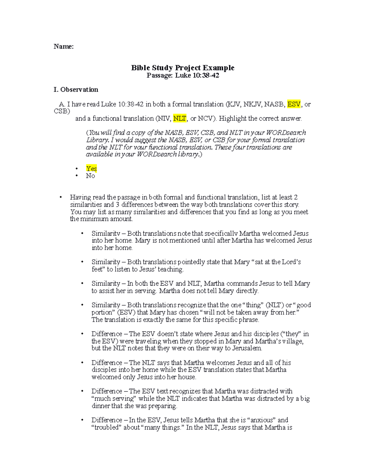 Bible Study Project Example - Name: Bible Study Project Example Passage ...