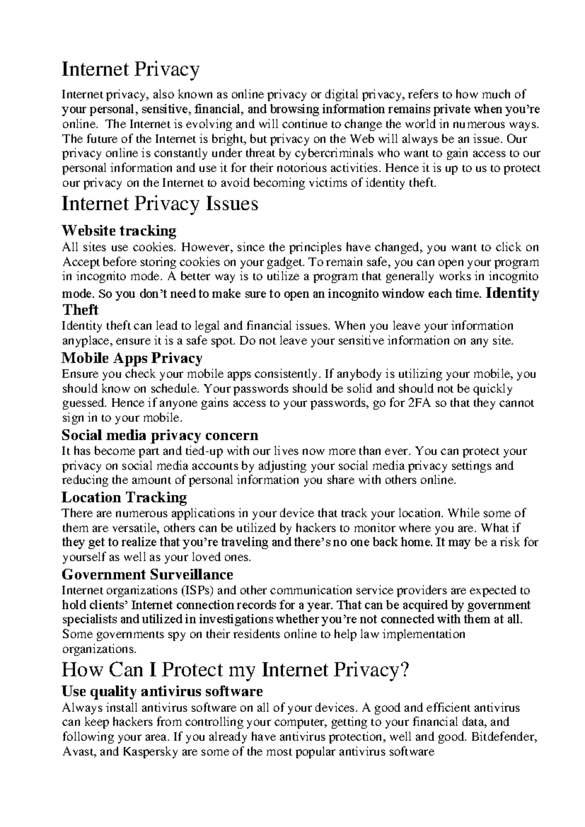 Privacy issues - Internet Privacy Internet privacy, also known as ...