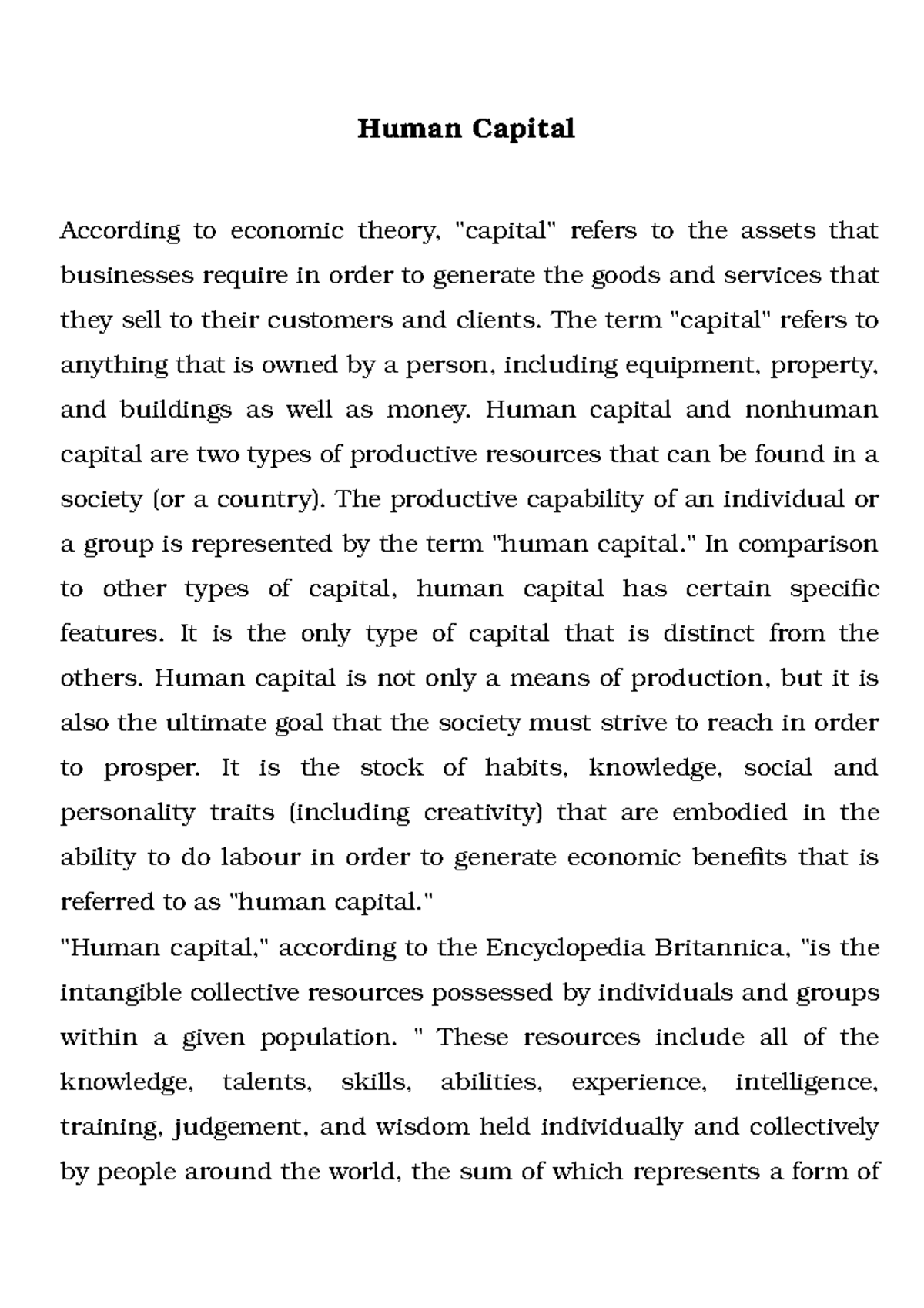 Human Capital - Lecture notes 3 - Human Capital According to economic ...