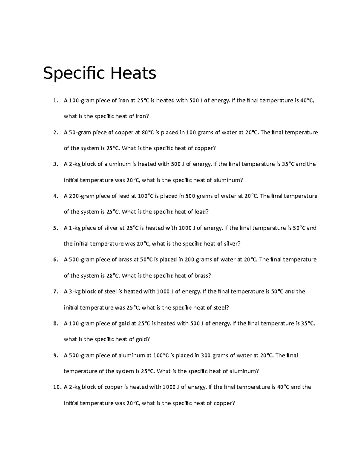 Specific Heats - self made worksheet for basic thermodynamics ...