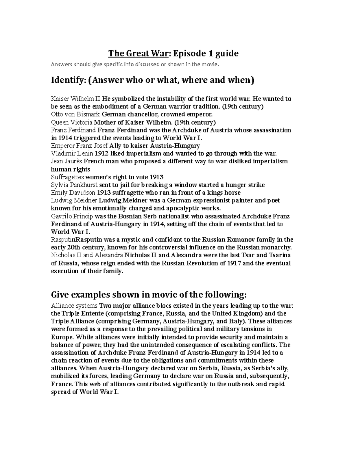 The Great War movie guide - The Great War: Episode 1 guide Answers ...