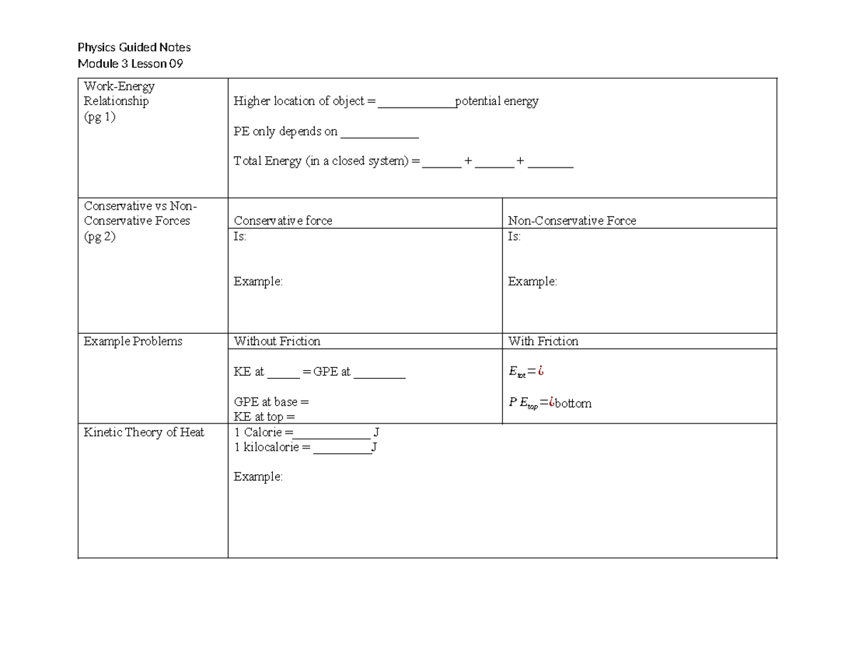 Guided Notes v22 M3L09 - Module 3 Lesson 09 Work-Energy Relationship ...