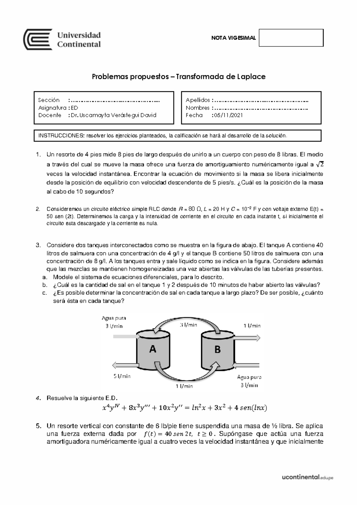 Problemas Propuestos Transformada ED 2021 20 NOTA VIGESIMAL Problemas