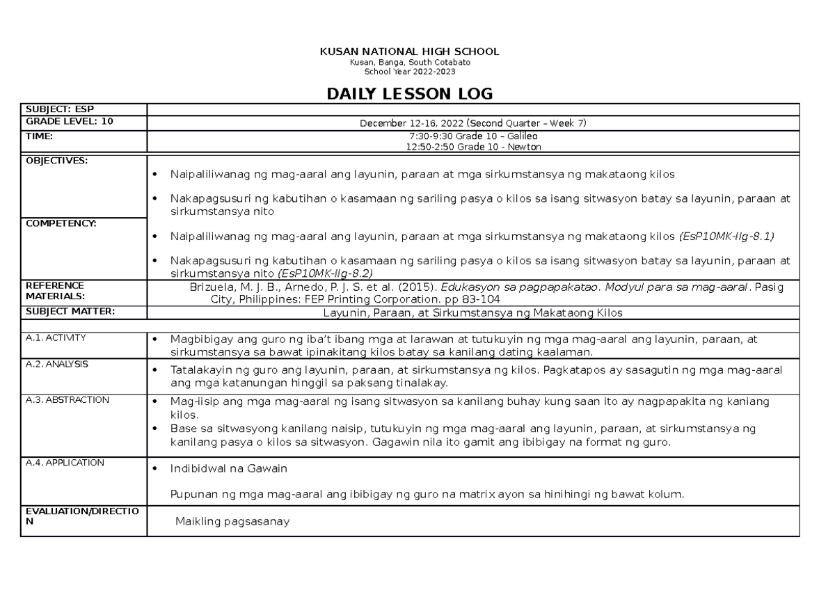 Week 7 - This is a Daily Lesson Log for ESP 10. - KUSAN NATIONAL HIGH ...