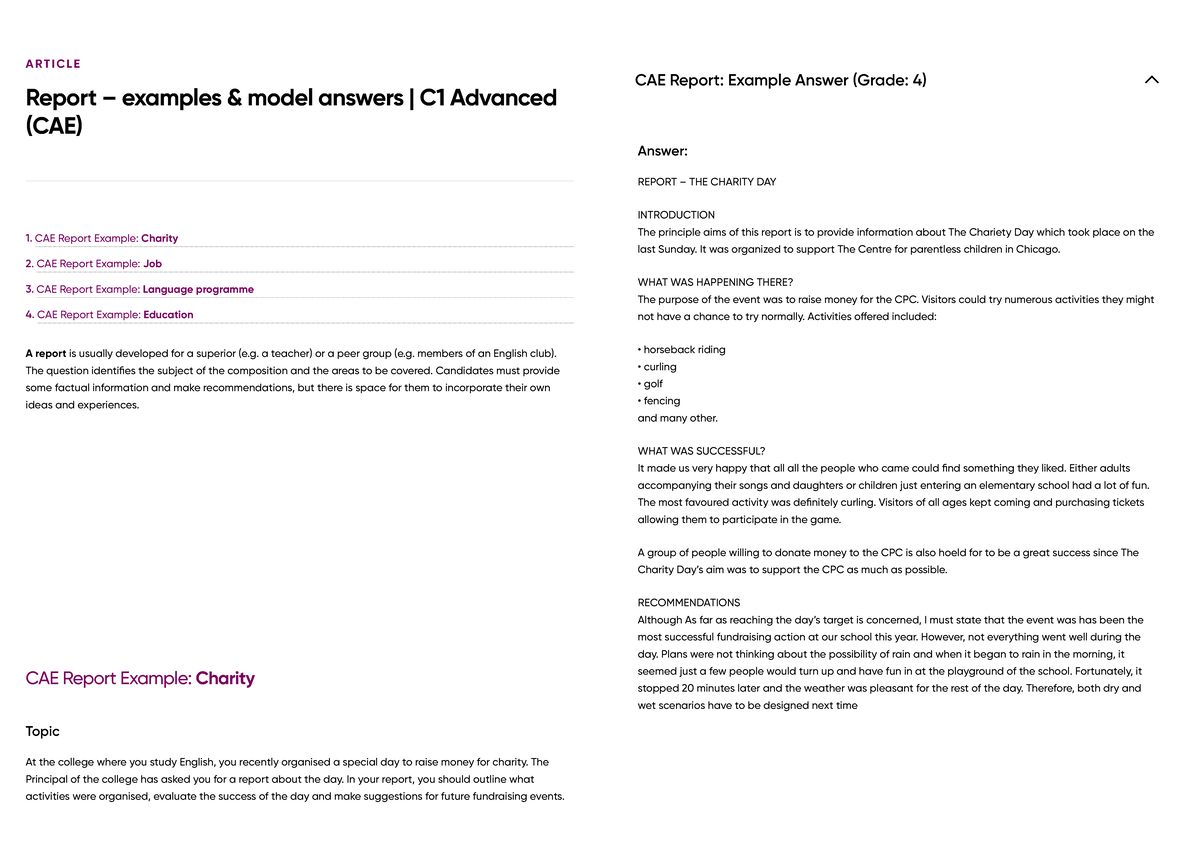 Report - examples & model answers C1 Advanced (CAE) engxam - CAE Report Example: Charity CAE ...