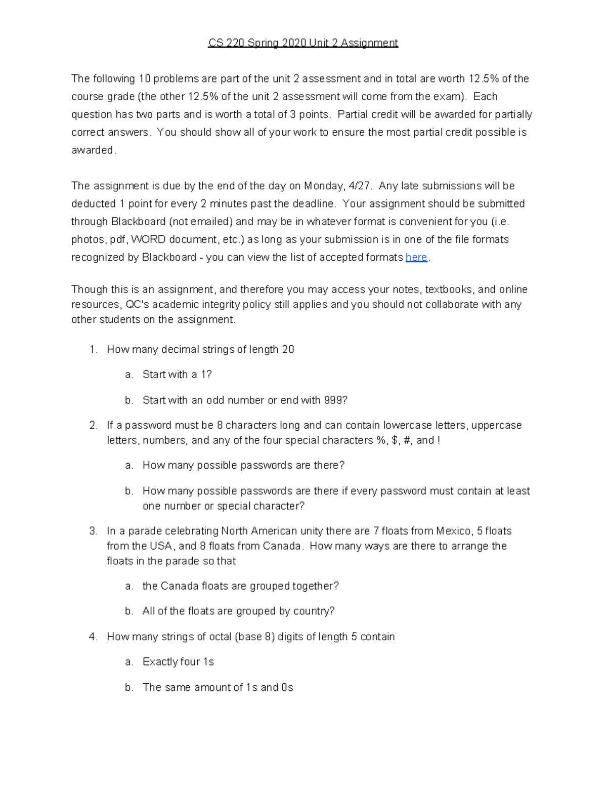 CS 220 Unit 2 Assignment - CS 220 Spring 2020 Unit 2 Assignment The ...