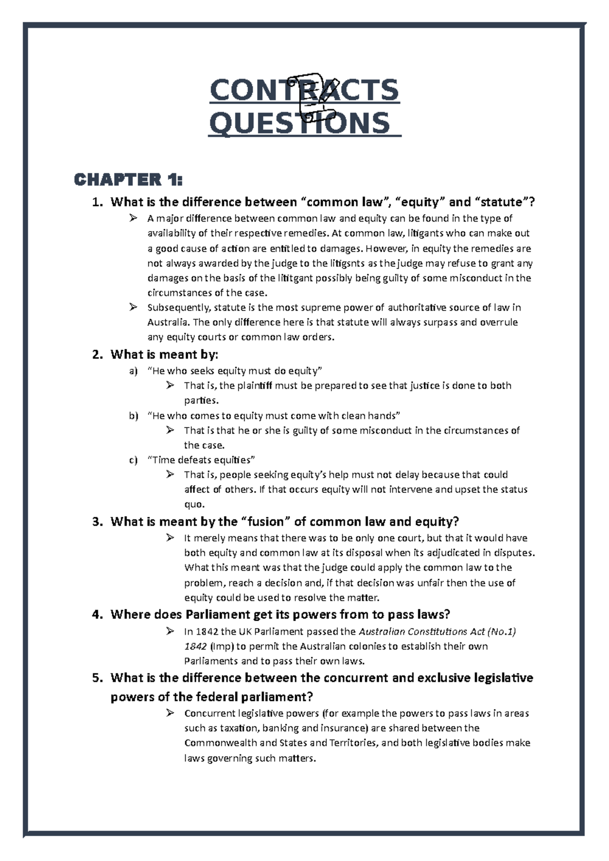 Contracts Questions - Lecture notes 1-12 - CONTRACTS QUESTIONS CHAPTER ...