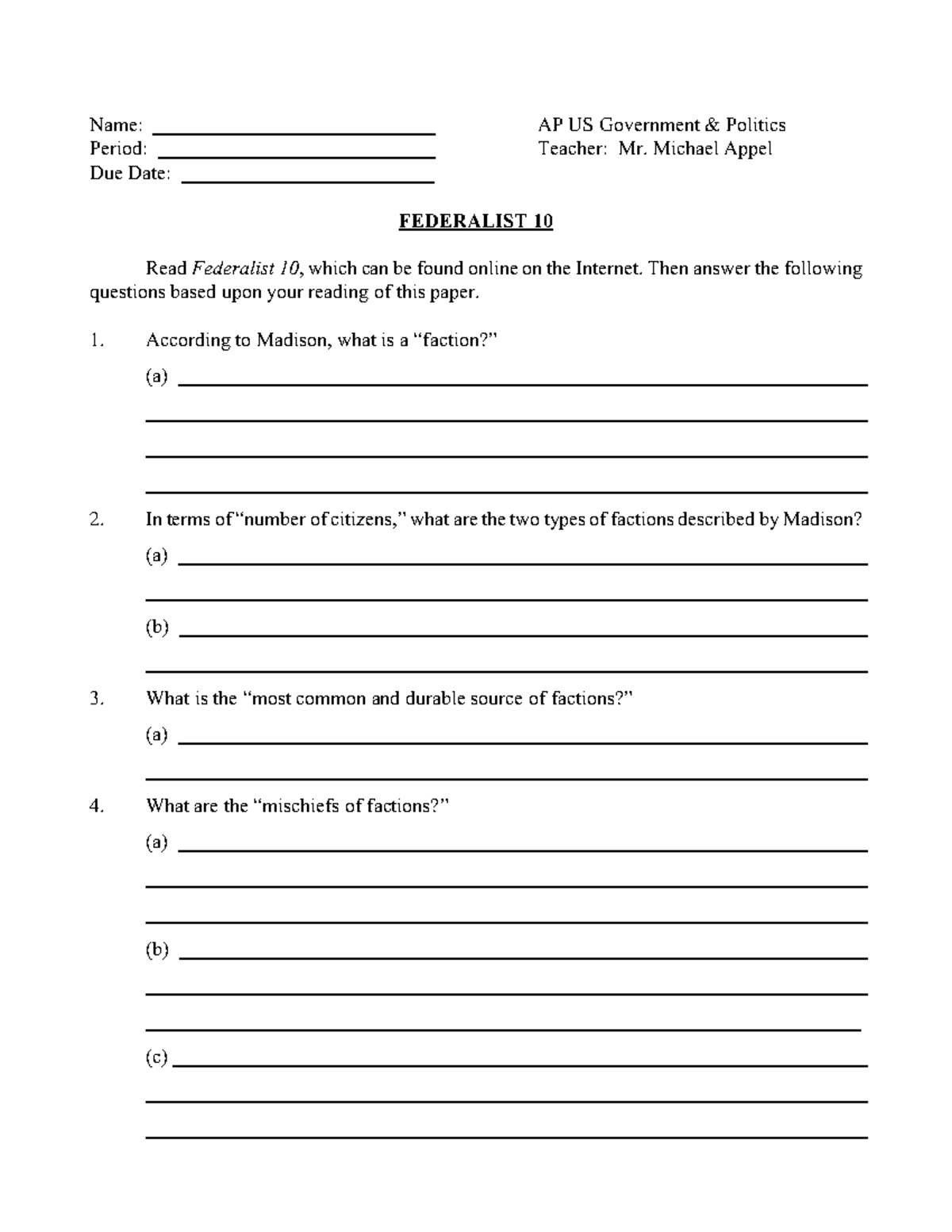 Federalist 10 - FED 10 - Name: AP US Government & Politics Period ...