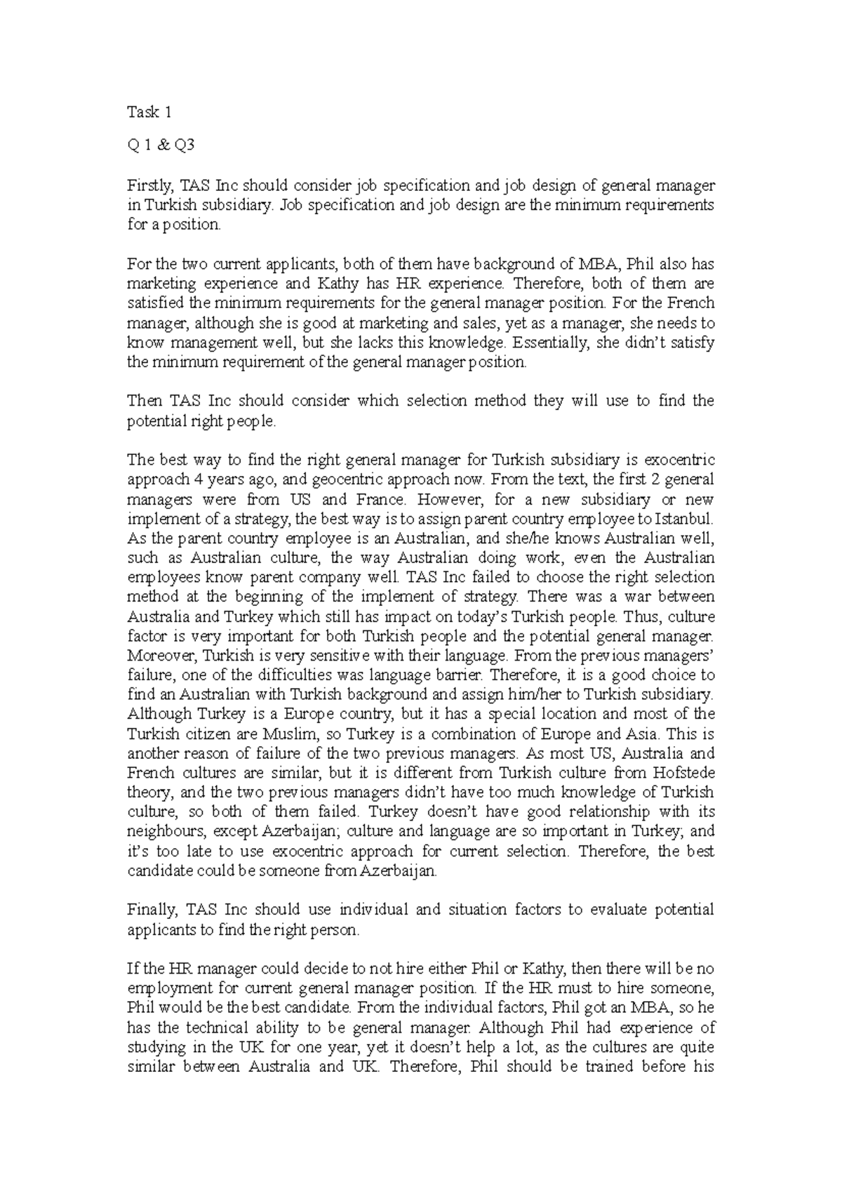 4 International Human Resource Management Task 1 Q 1 Q Firstly