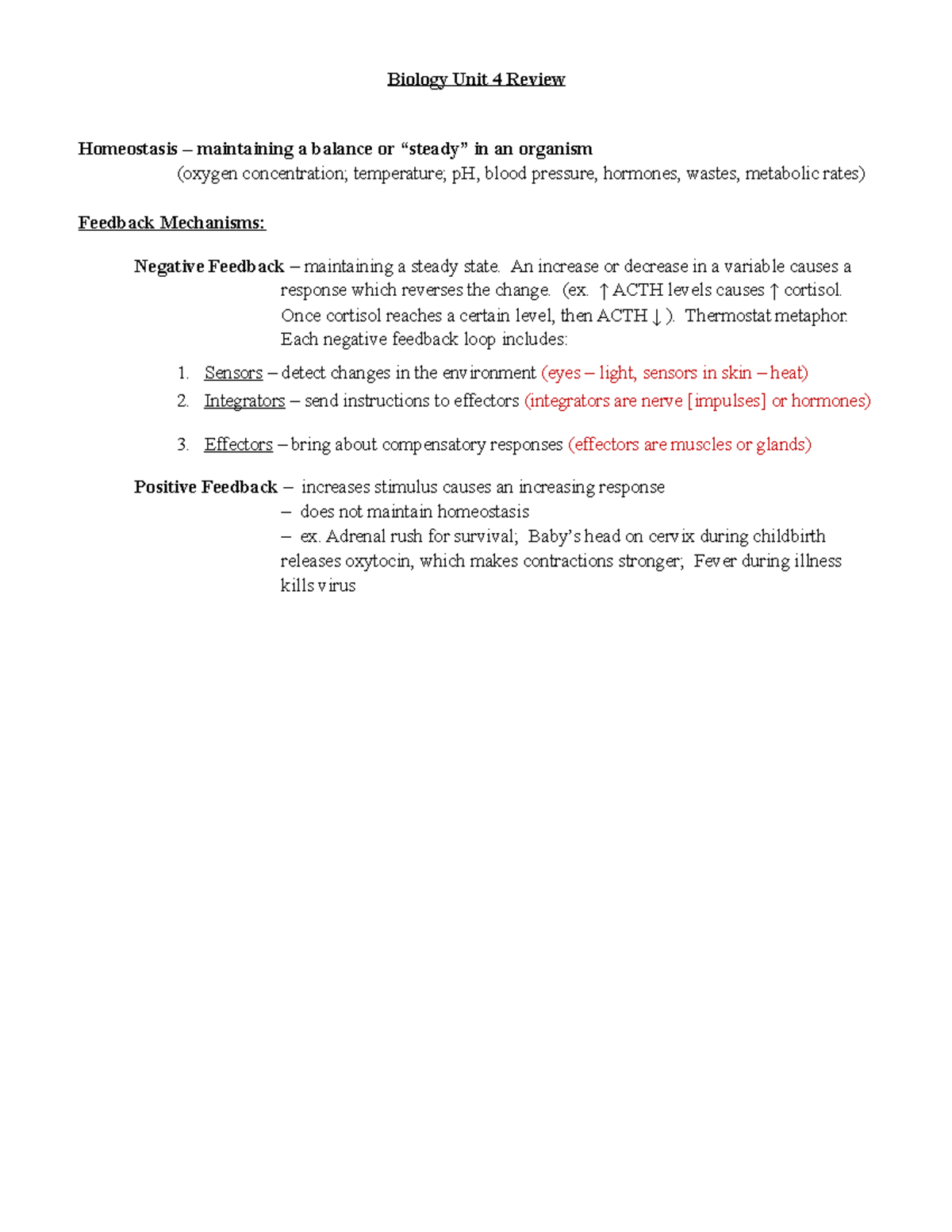 Biology Unit 4 Review - Biology Unit 4 Review Homeostasis – maintaining ...