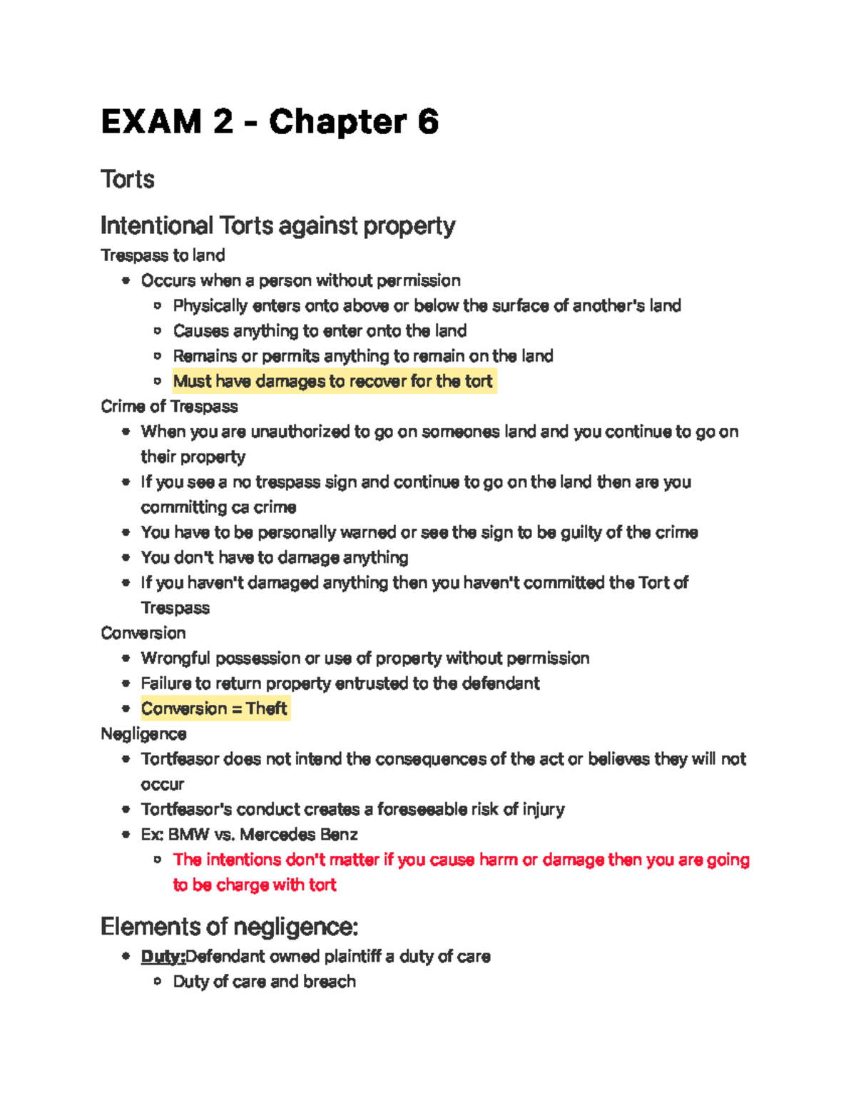 EXAM 2 - Chapter notes 2 - Lecture 10 - EXAM 2 - Chapter 6 Torts ...