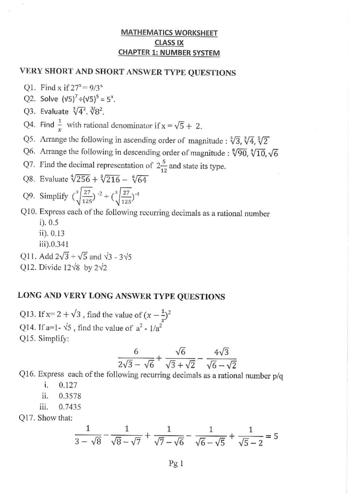 Class 9 numbersystem 2018 04 06132529 - MATHEMATICS WORKSHEET CLASS IX ...