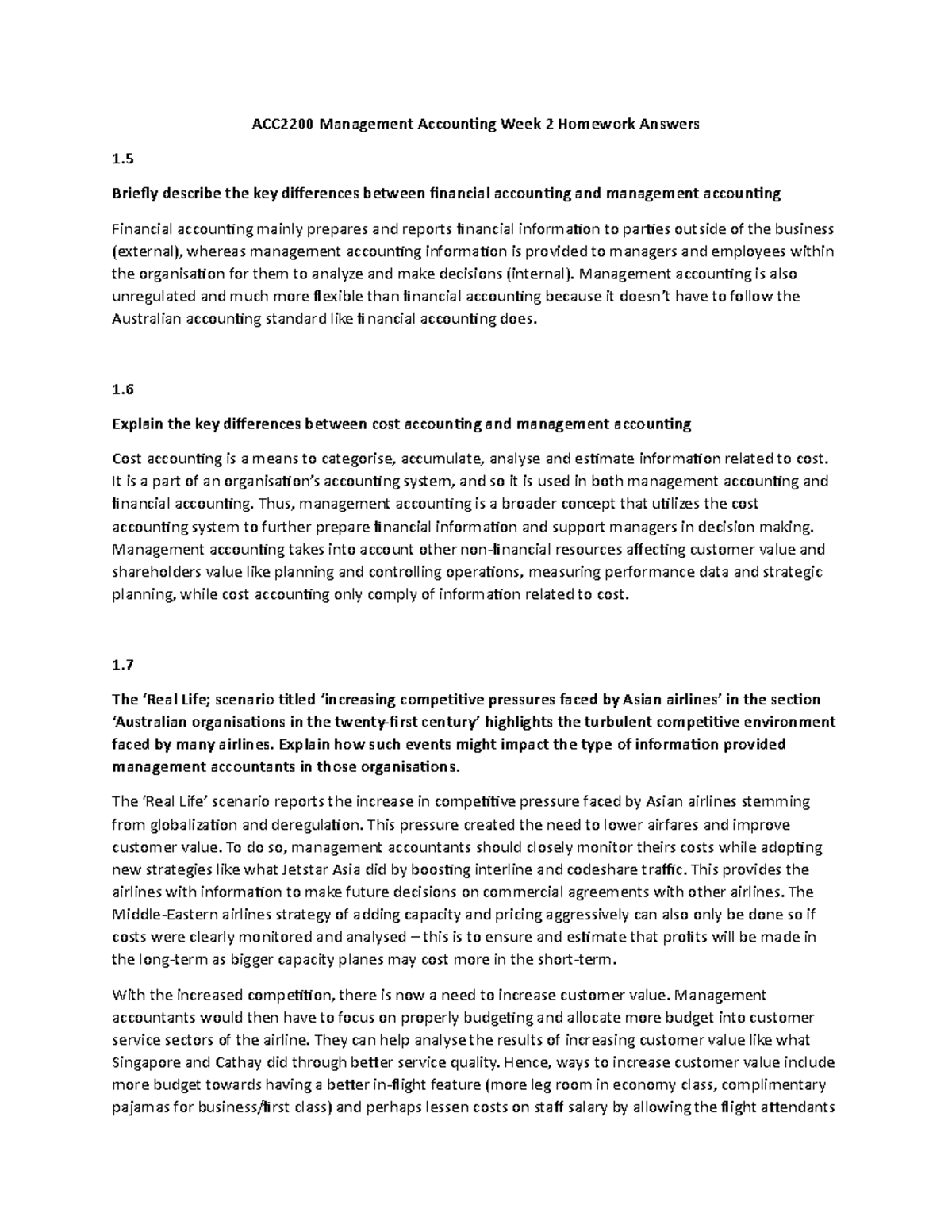 Homework week 1 - ACC2200 Management Accounting Week 2 Homework Answers ...