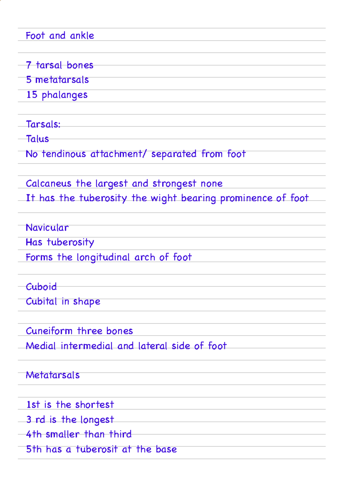Foot and tarsals - Notes - Foot and ankle 7 tarsal bones 5 metatarsals ...