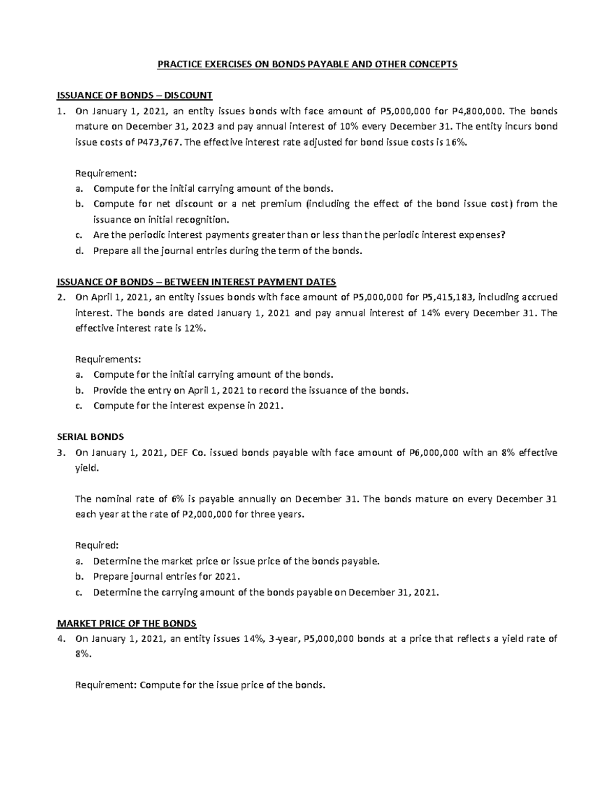 Practice Exercises ON Bonds Amended - PRACTICE EXERCISES ON BONDS PAYABLE AND OTHER CONCEPTS ...