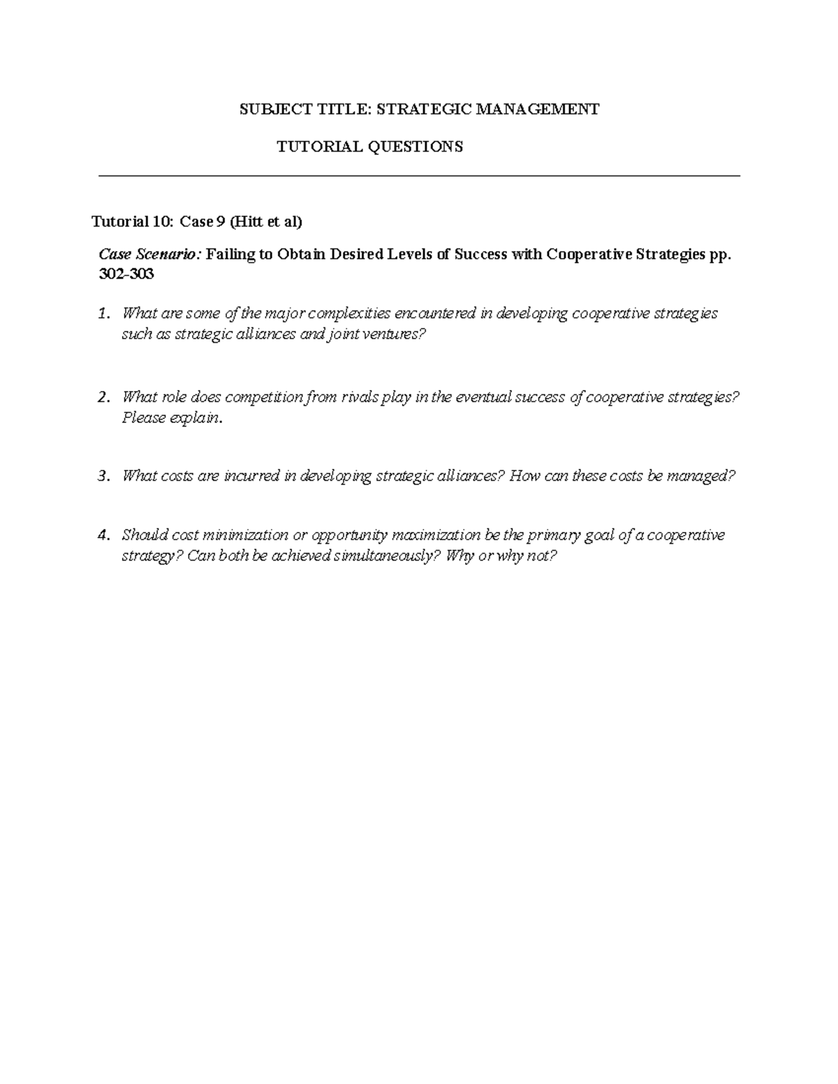 Jan 2021 SM Tutorial Case Week 10 - SUBJECT TITLE: STRATEGIC MANAGEMENT ...