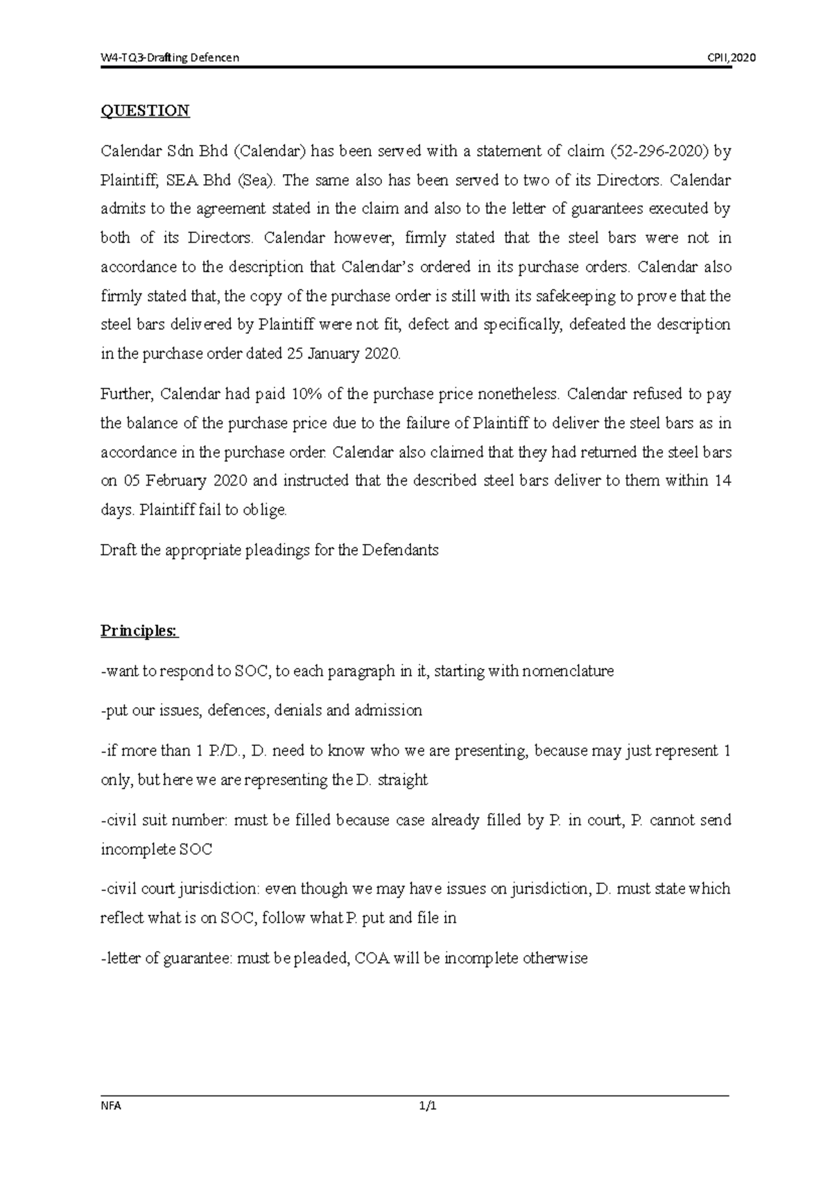 Draft Statement of Defence and Counterclaim - W4-TQ3-Drafting Defencen ...