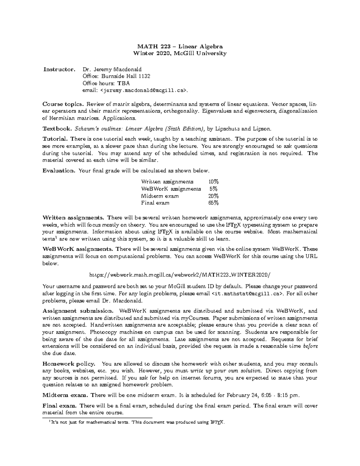 MATH223 W2020 syllabus - MATH 223 – Linear Algebra Winter 2020, McGill ...