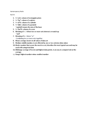 Contemporary math quiz 2 - Contemporary Math: Quiz 2: For the following ...