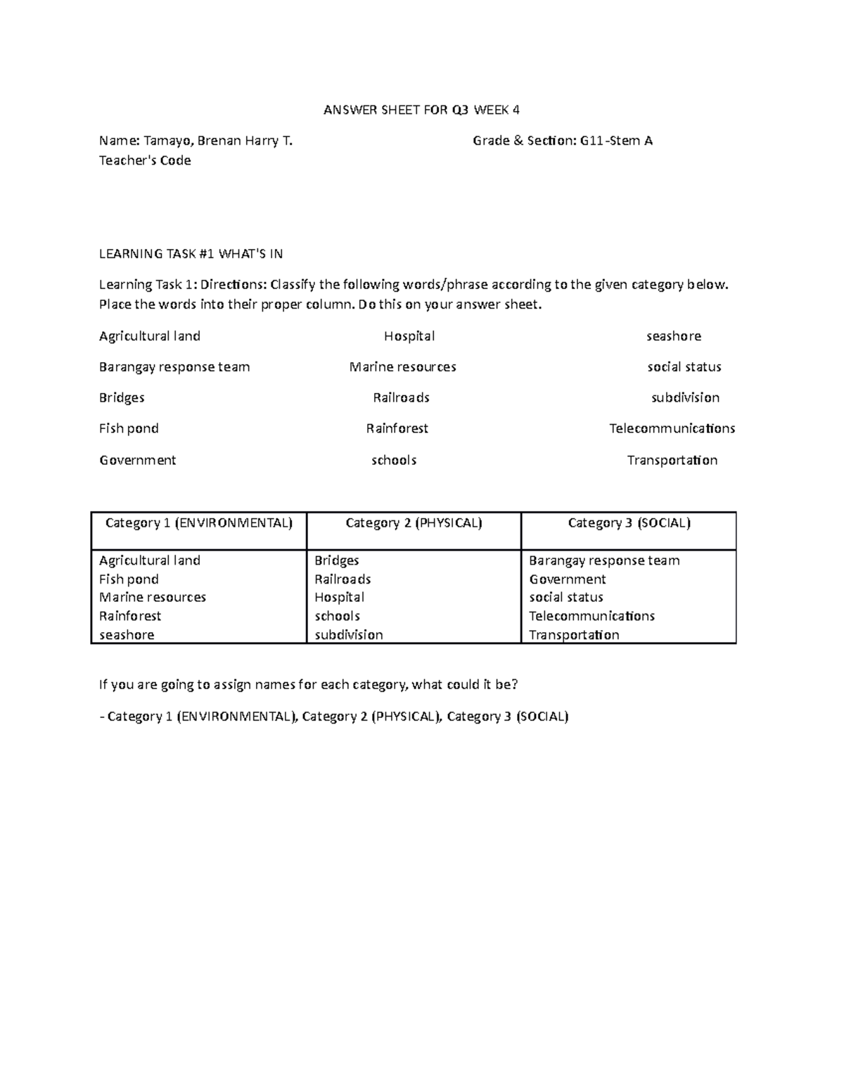 Answer Sheet FOR Q3 WEEK 4 - ANSWER SHEET FOR Q3 WEEK 4 Name: Tamayo ...