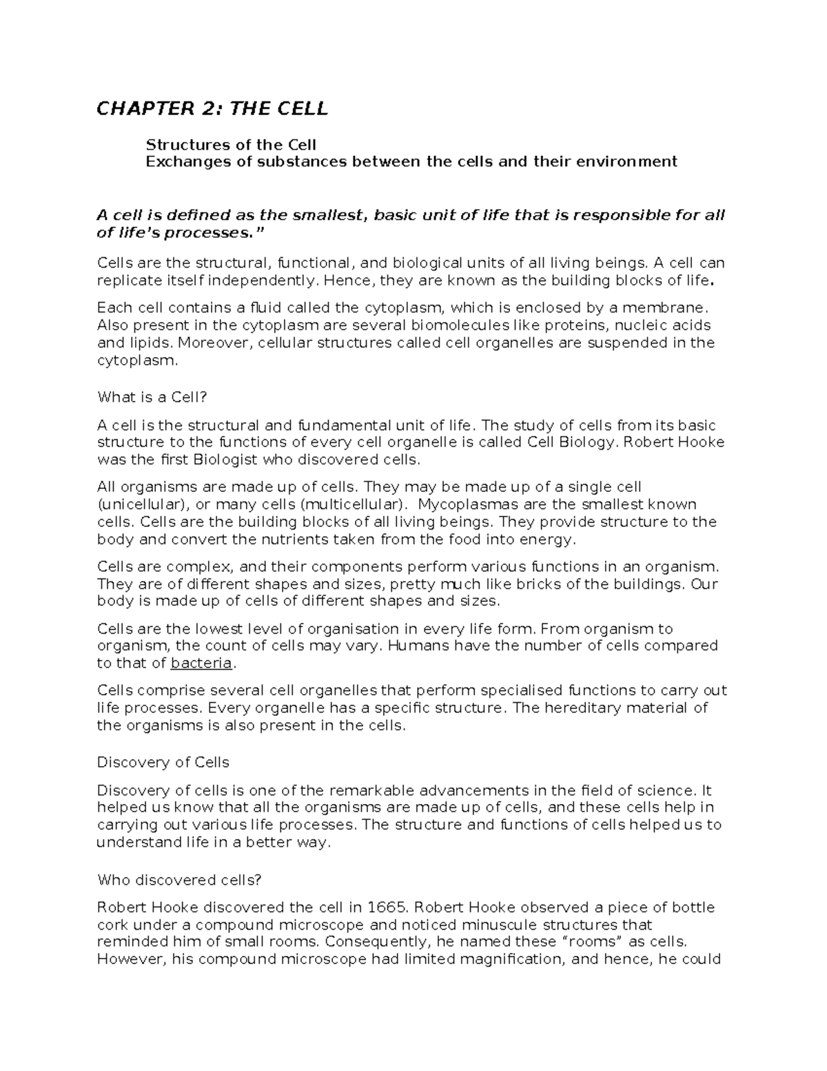 Zoology 2 - CHAPTER 2: THE CELL Structures of the Cell Exchanges of ...