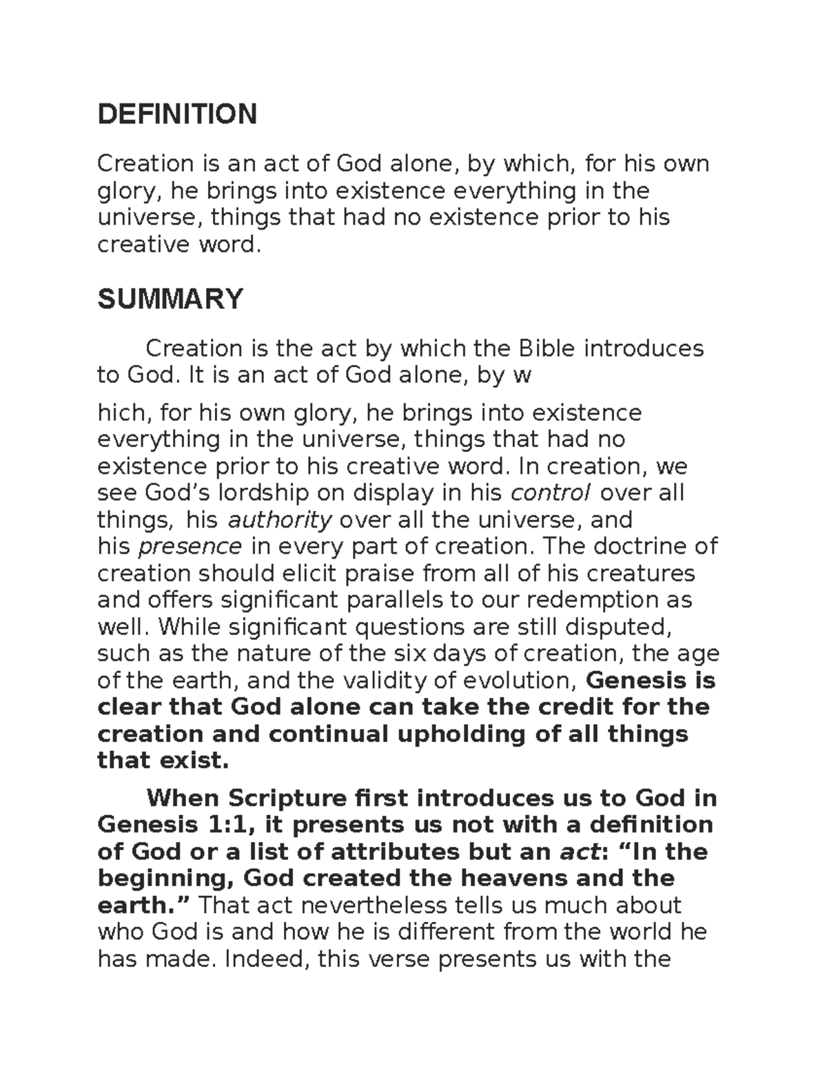 God as Creator (Midterms) - DEFINITION Creation is an act of God alone ...