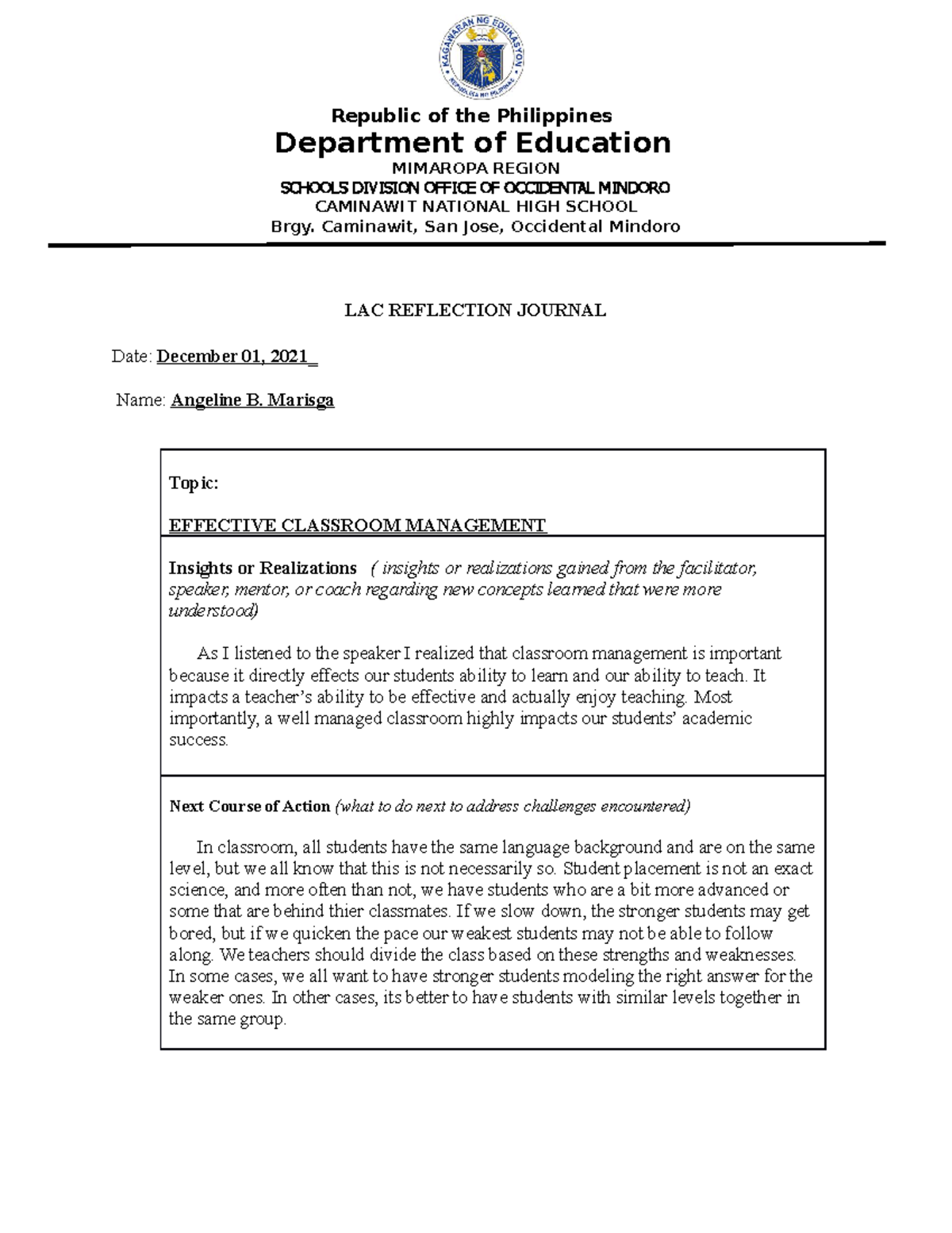 LAC-Reflection-Journal-1 - Republic of the Philippines Department of ...