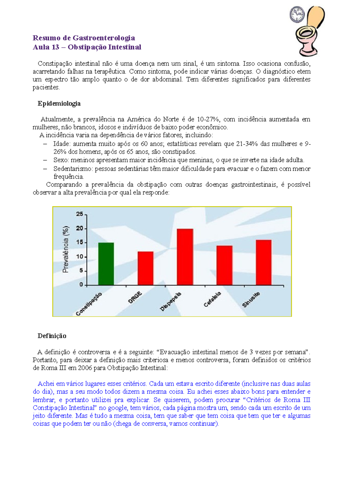Aula 13 - Resumo de Obstipação Intestinal - Resumo de Gastroenterologia ...