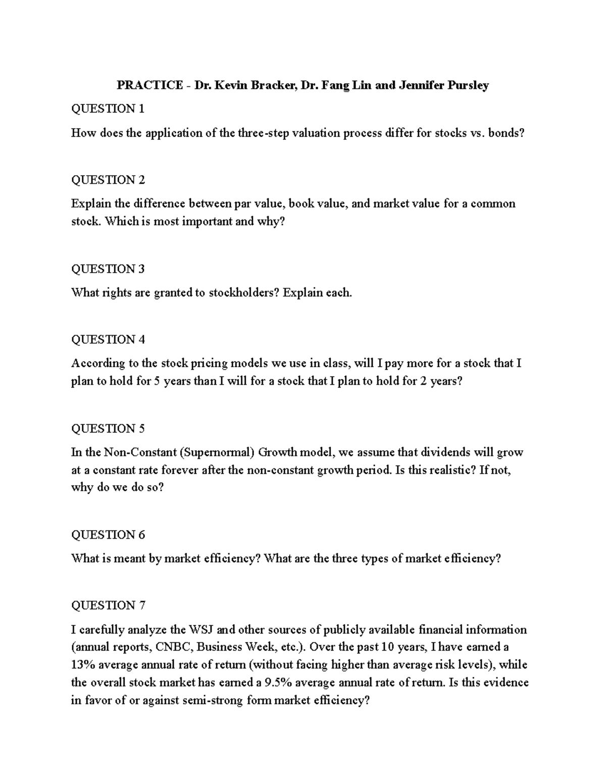 Stock valuation - practice - PRACTICE - Dr. Kevin Bracker, Dr. Fang Lin ...