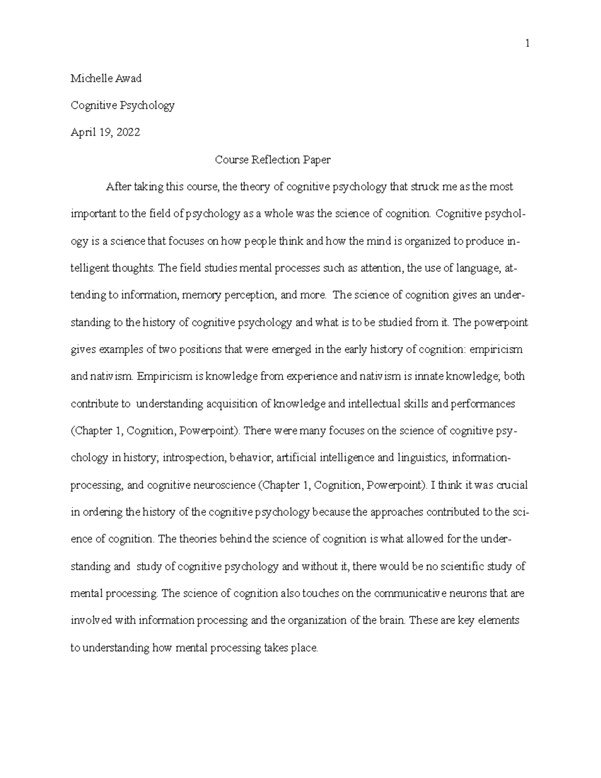 Course Reflection Cognitive Psychology - Michelle Awad Cognitive ...