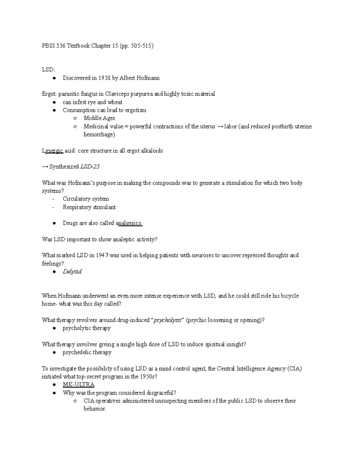 PBSI 336 Chapter 15 (pp. 505-515) - PBSI 336 Textbook Chapter 15 (pp. 505-515) LSD: Discovered ...