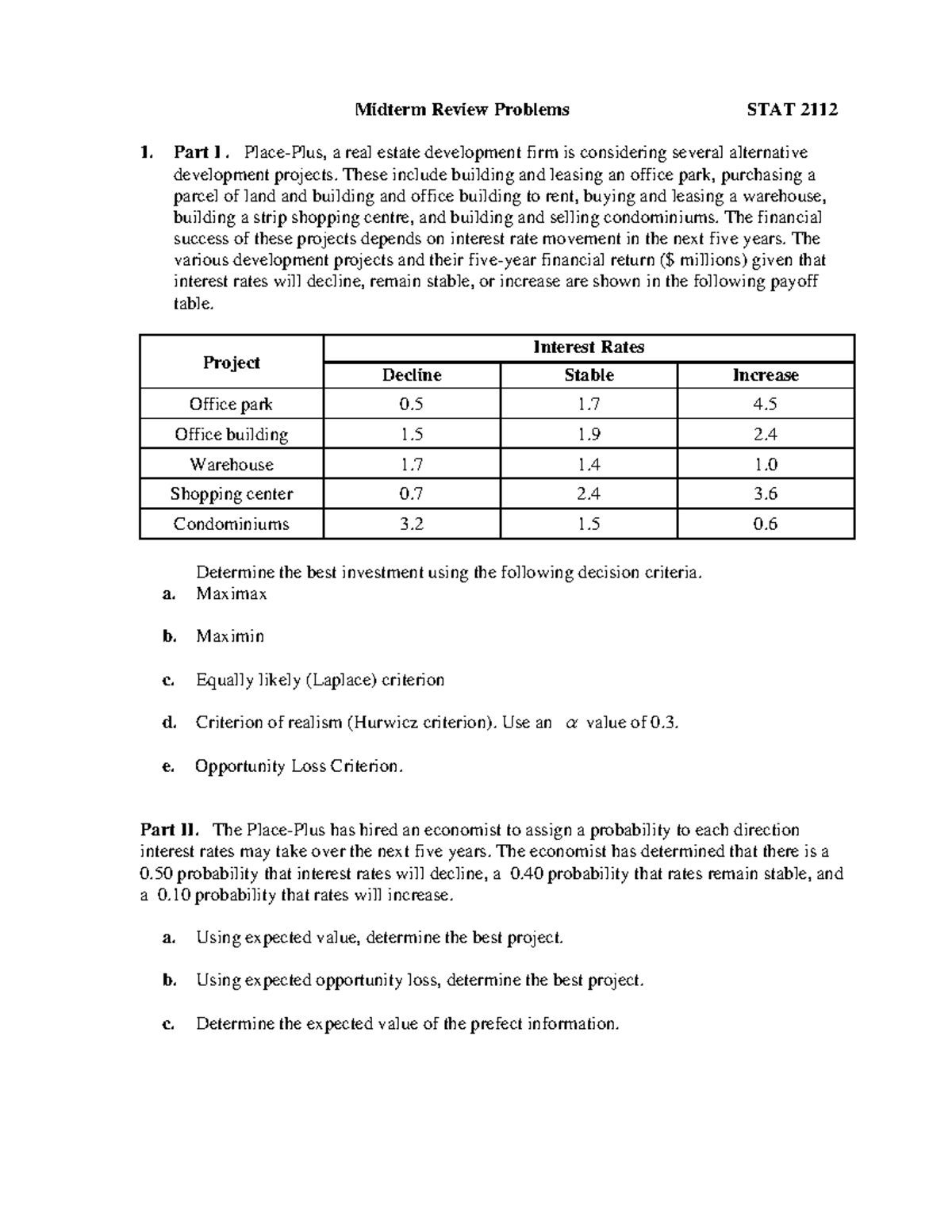 Midterm Test Review 1 - Midterm Review Problems STAT 2 112 Part I ...