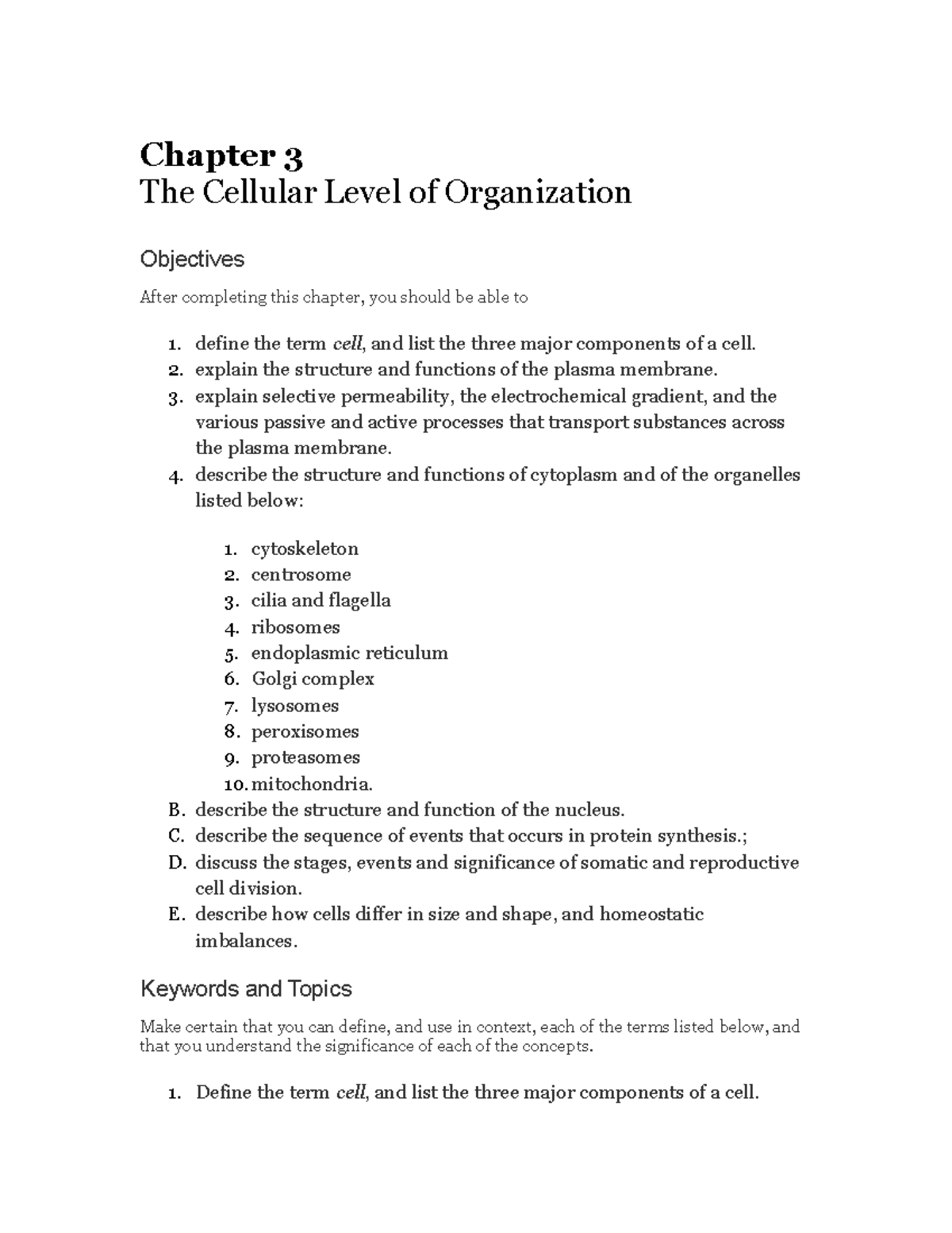 BIOL235 Chapter 3 Summary - Chapter 3 The Cellular Level of ...