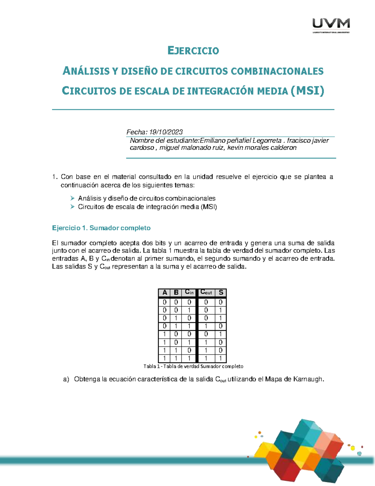 A8 kjmc - Ejercicio - EJERCICIO ANÁLISIS Y DISEÑO DE CIRCUITOS COMBINACIONALES CIRCUITOS DE ...