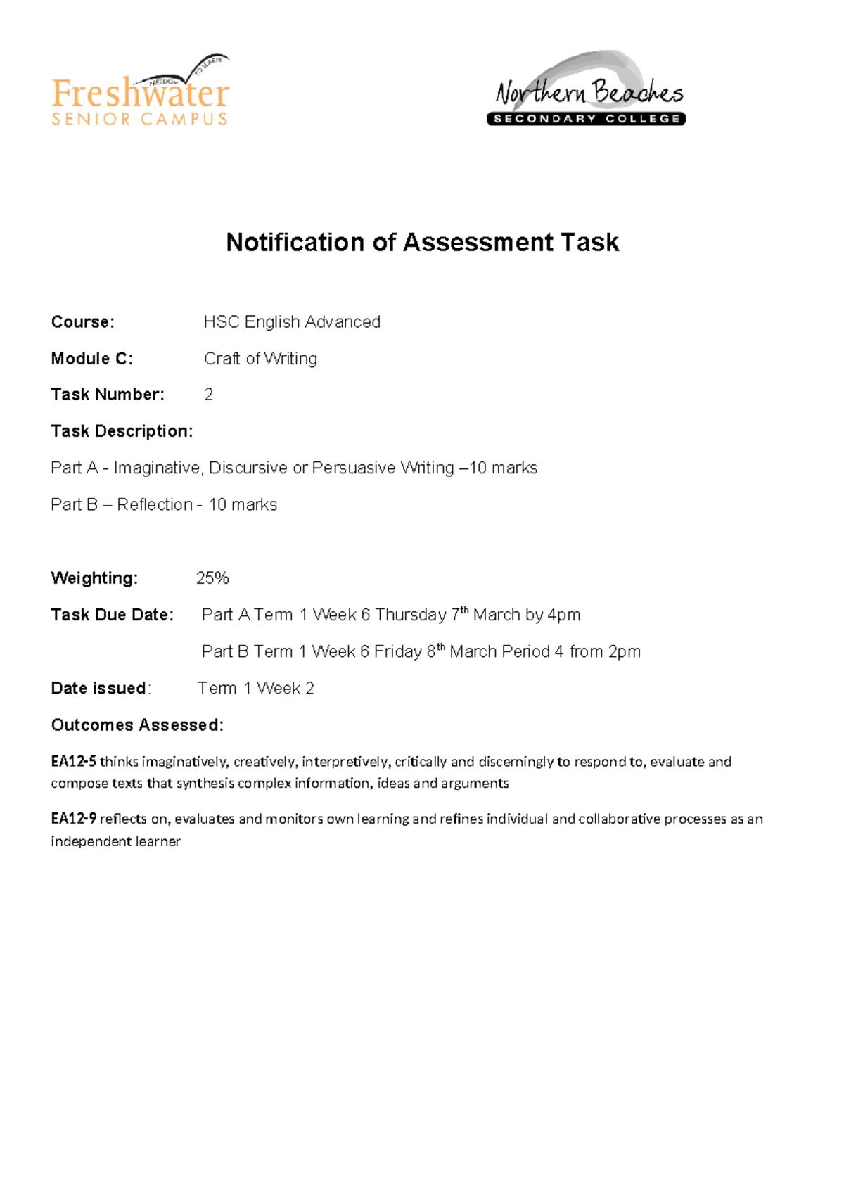 2024 ADV Co W Assessment - Notification of Assessment Task Course: HSC ...