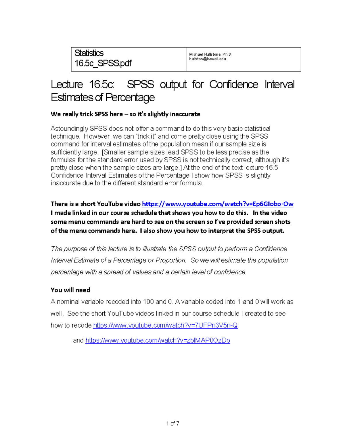 16 - DJSFHAHSD - Statistics 16 .5c_SPSS Michael Hallstone, Ph. hallston ...