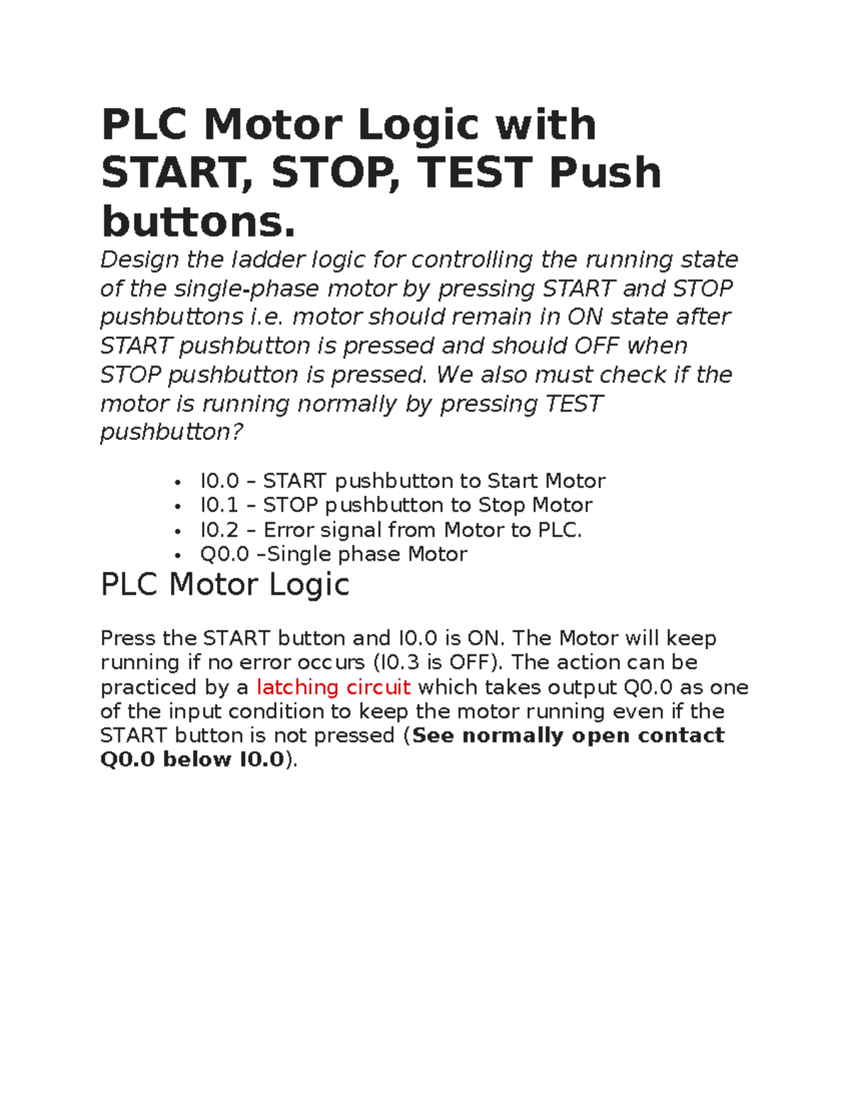 PLC Motor Logic with Start - PLC Motor Logic with START, STOP, TEST ...