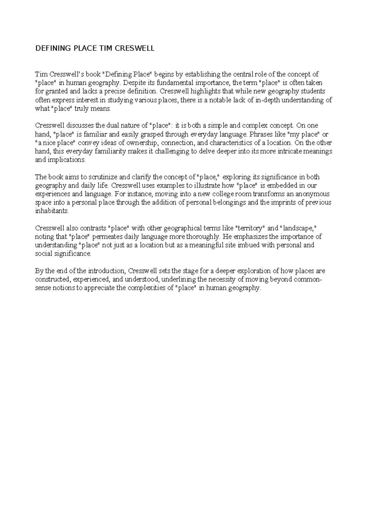 Defining Place TIM Creswell - DEFINING PLACE TIM CRESWELL Tim Cresswell ...