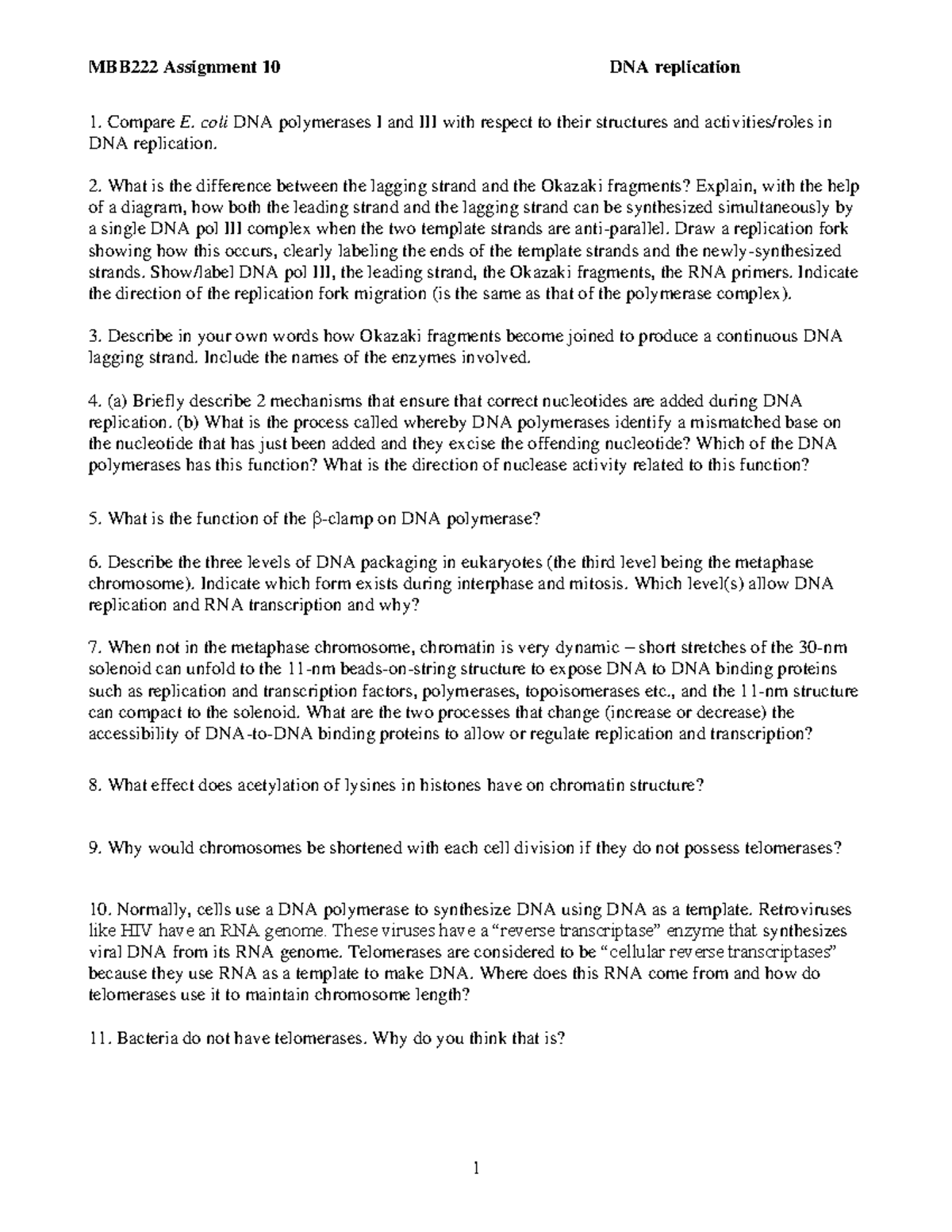 Assignment 10 questiions - MBB222 Assignment 10 DNA replication 1 ...
