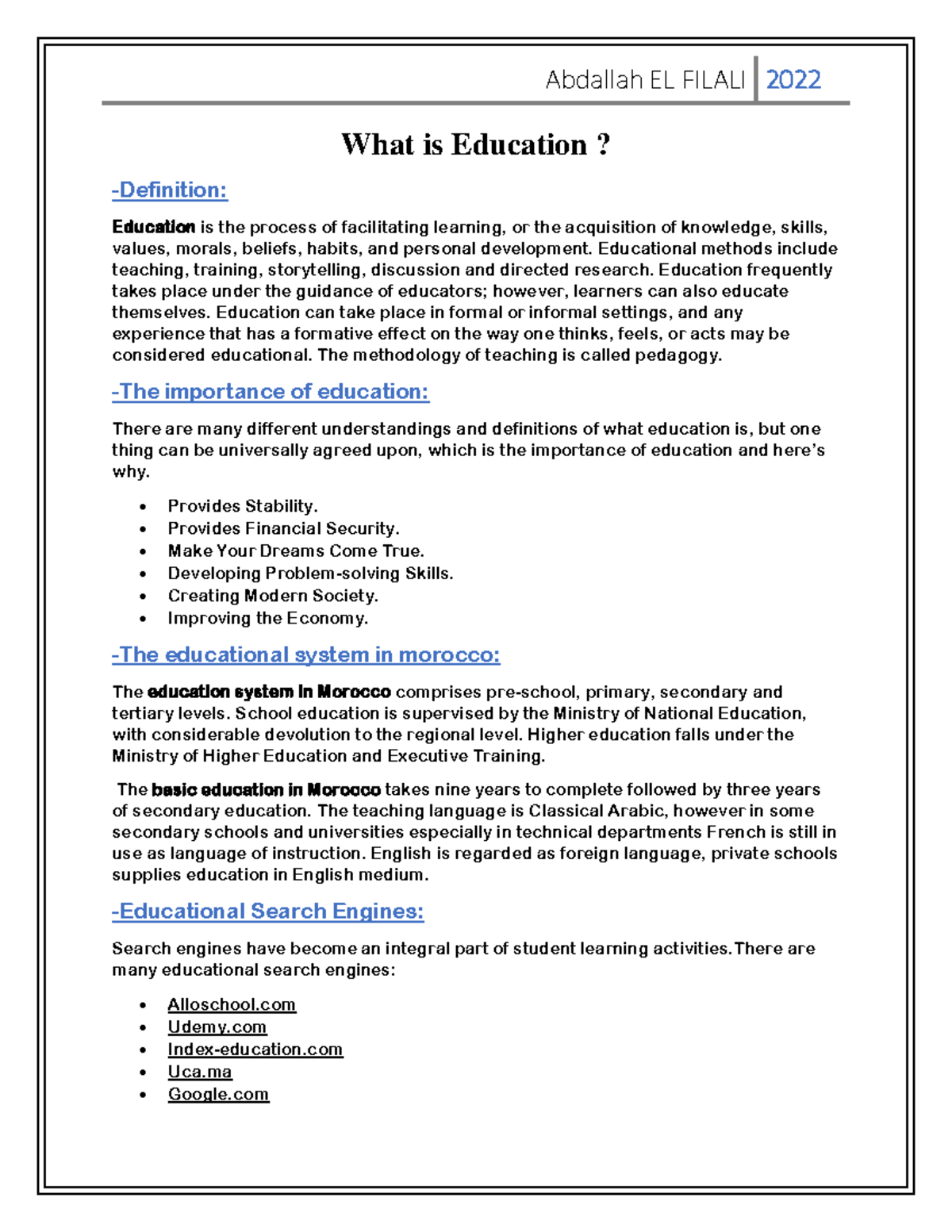 Education - English - Abdallah EL FILALI 2022 What is Education ...