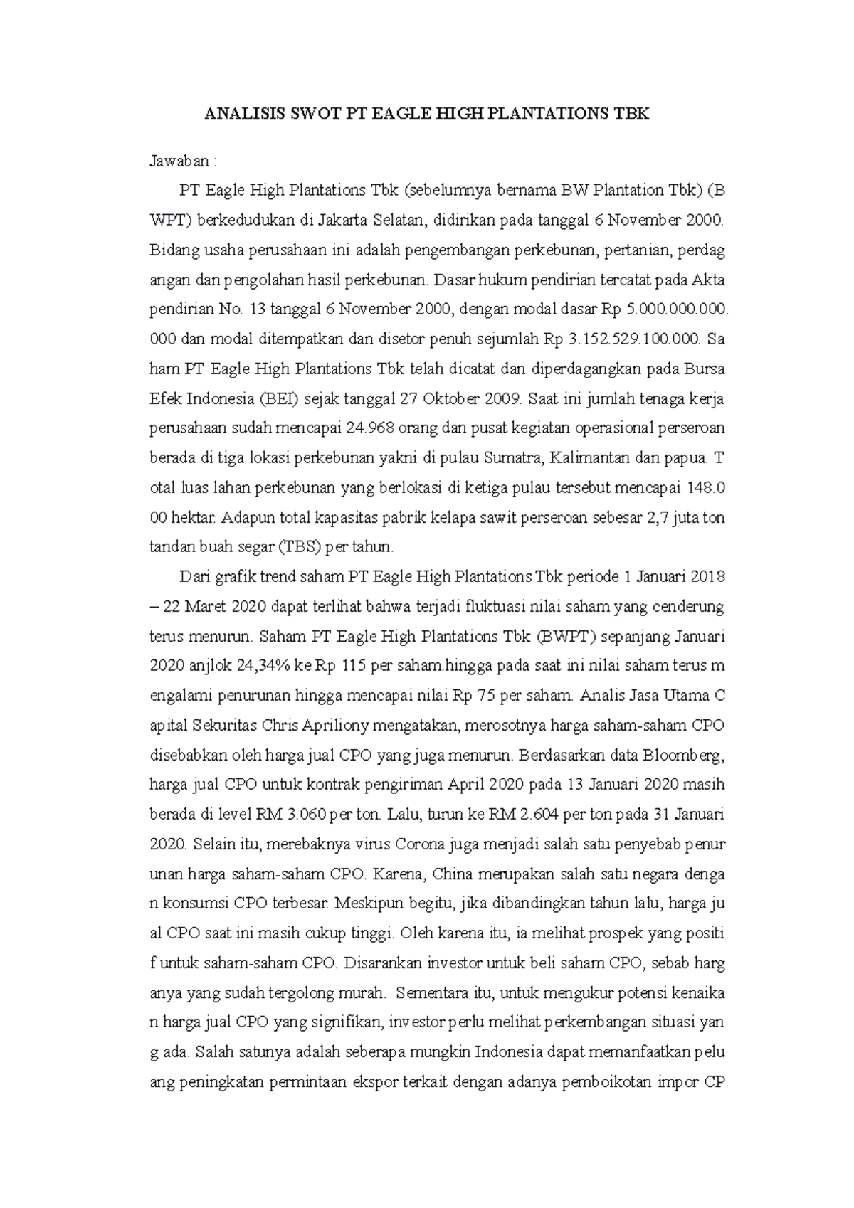 Analisis SWOT PT Eagle HIGH Plantations Tbk - ANALISIS SWOT PT EAGLE ...
