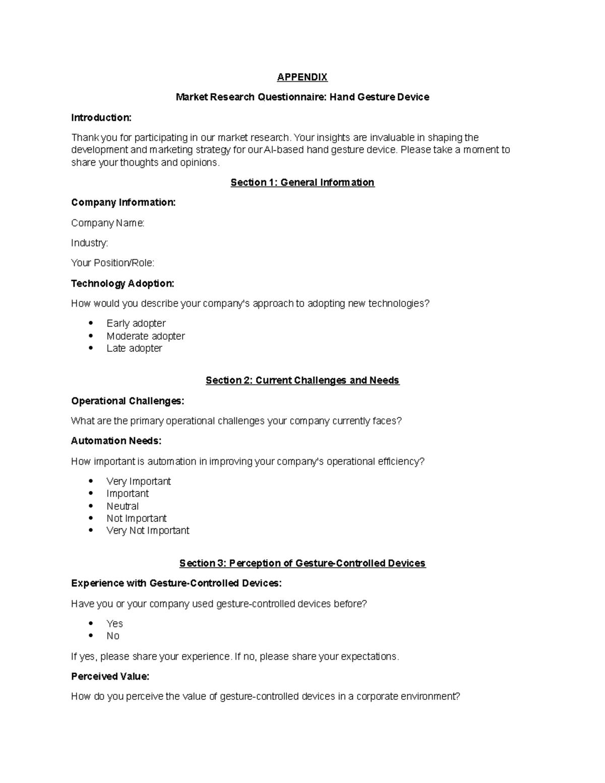 Questionnaire Appendix 1 - APPENDIX Market Research Questionnaire: Hand ...