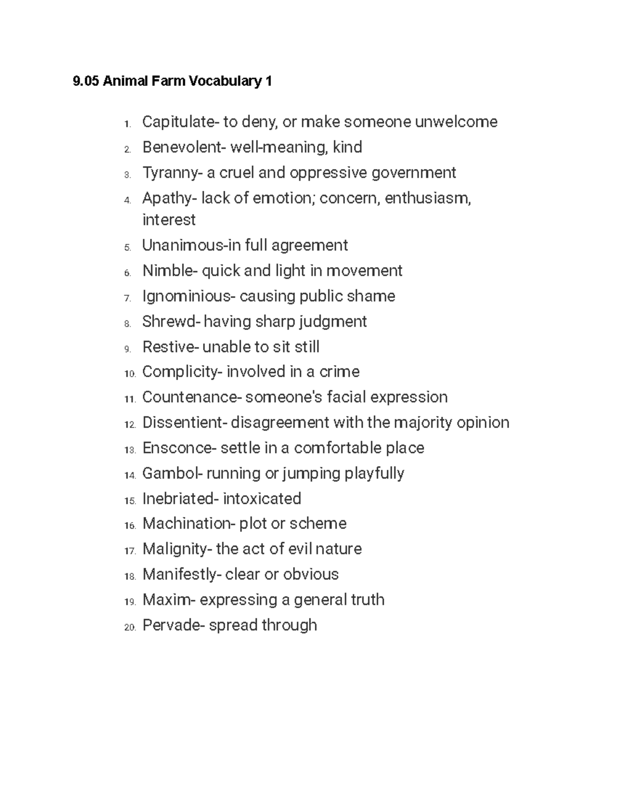9.05 Animal Farm Vocabulary 1 - 9 Animal Farm Vocabulary 1 1 ...