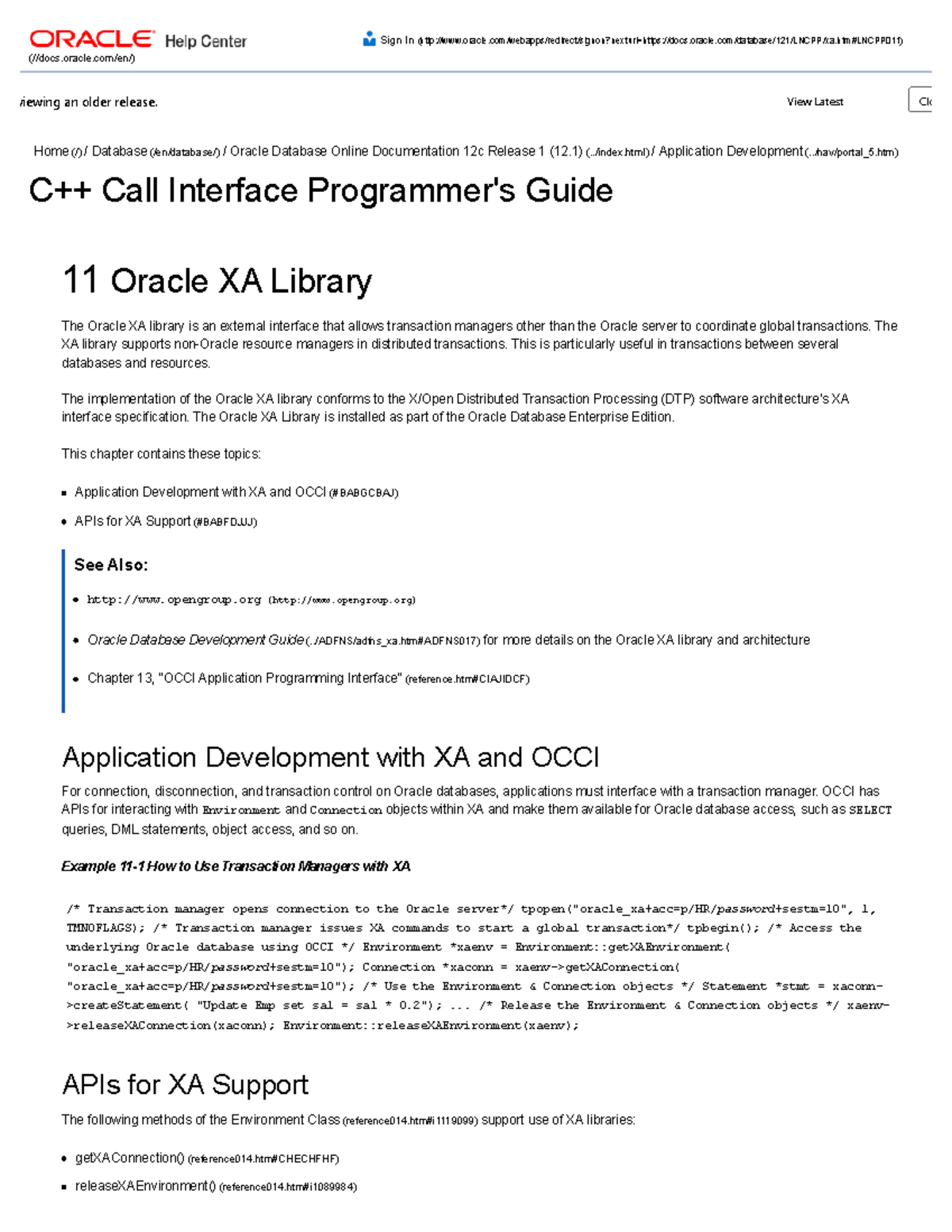 Oracle XA Library - Home (/) / Database (/en/database/) / Oracle Database Online Documentation ...